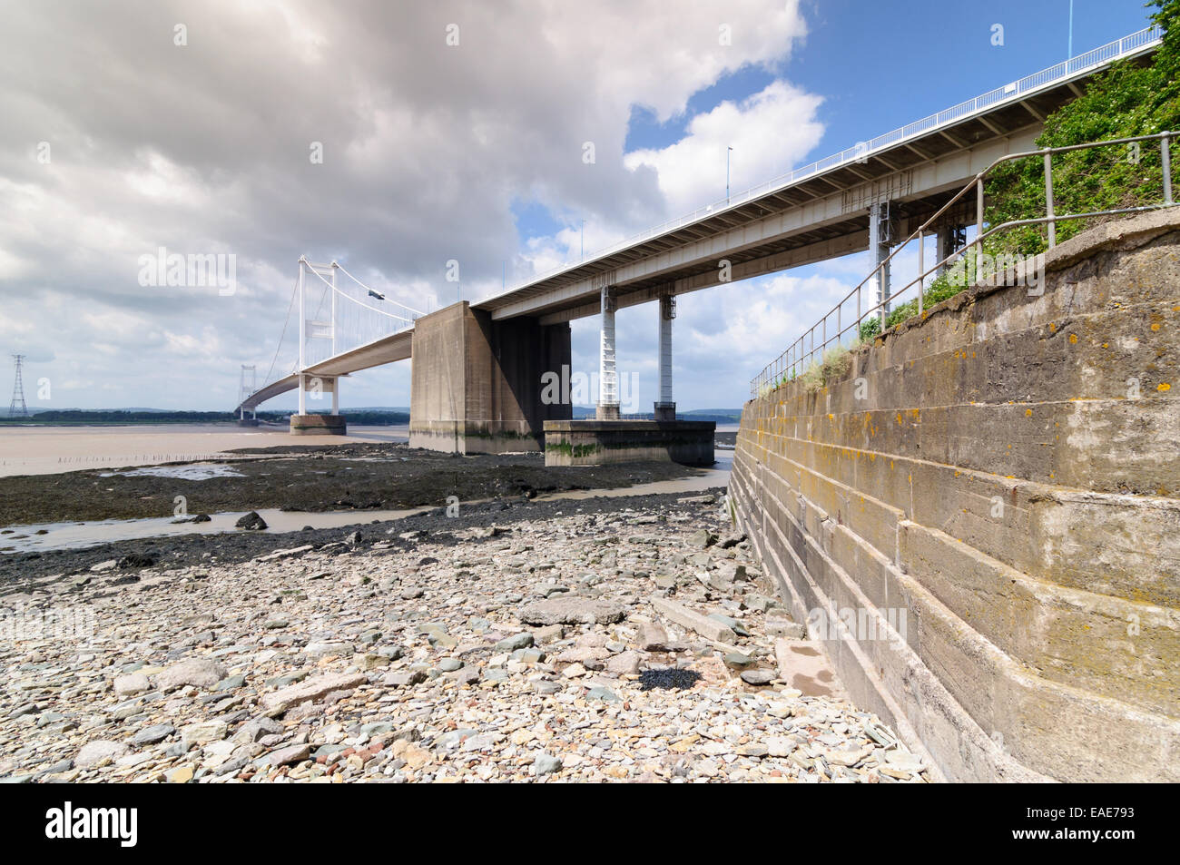 First Severn Bridge viewed from below at Aust side Stock Photo - Alamy