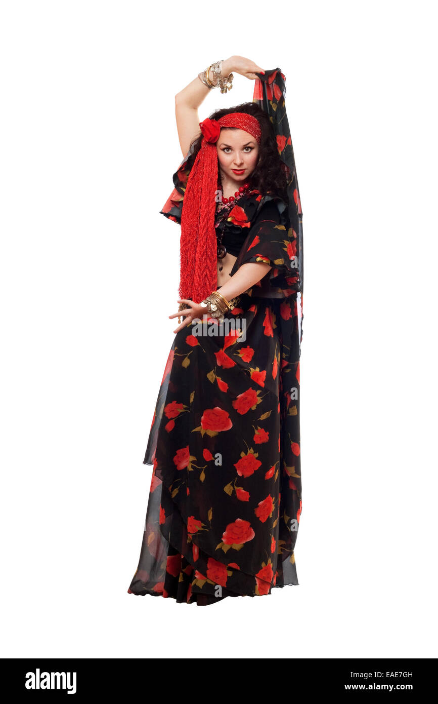 Dancing gypsy woman in a black skirt. Isolated on white background ...