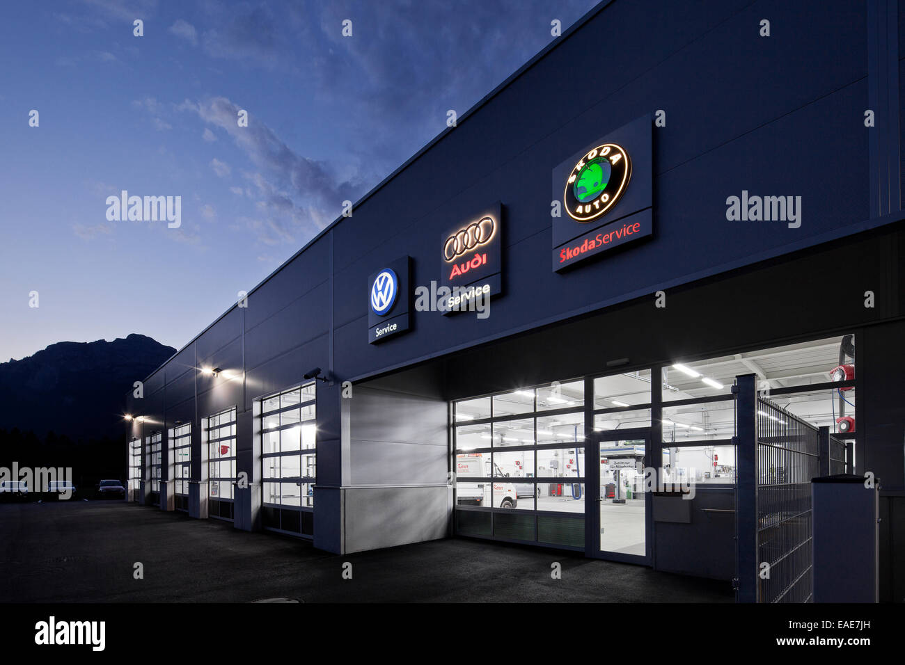 Car repair shop at dusk, St.Gertraudi, Reith im Alpbachtal, Kufstein ...