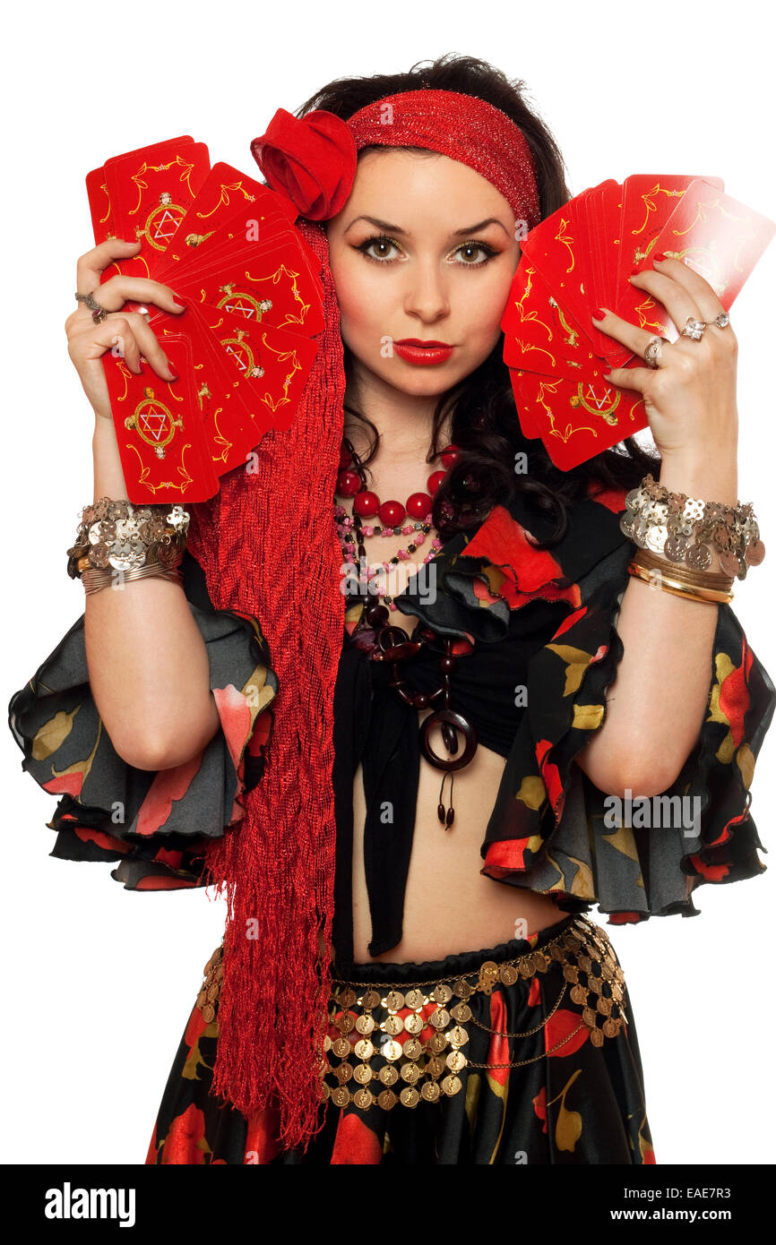 Portrait of expressive gypsy woman with cards. Isolated Stock Photo - Alamy