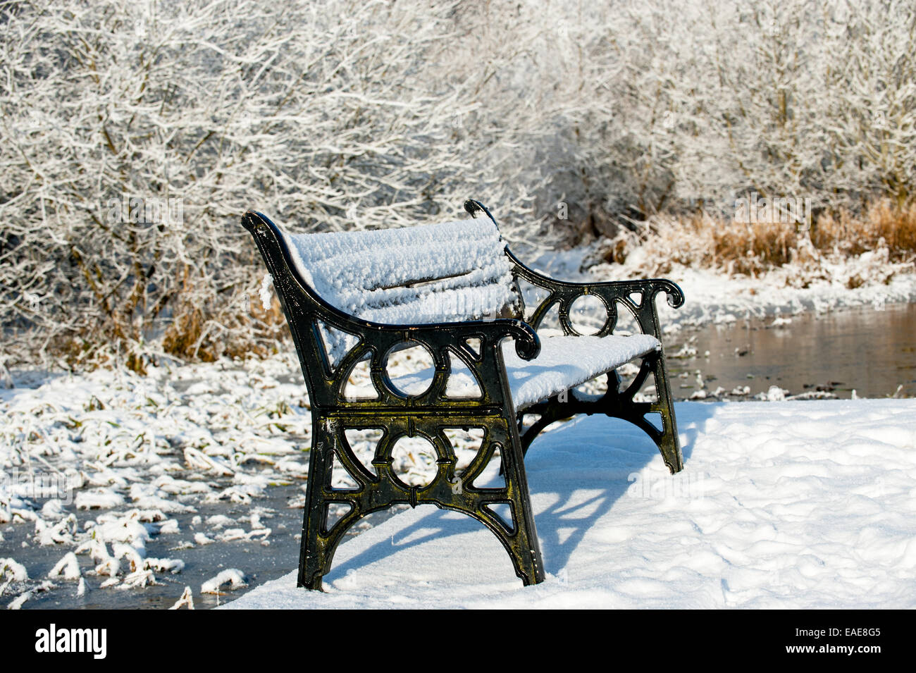 Beautiful sunny bench cover with snow Stock Photo - Alamy