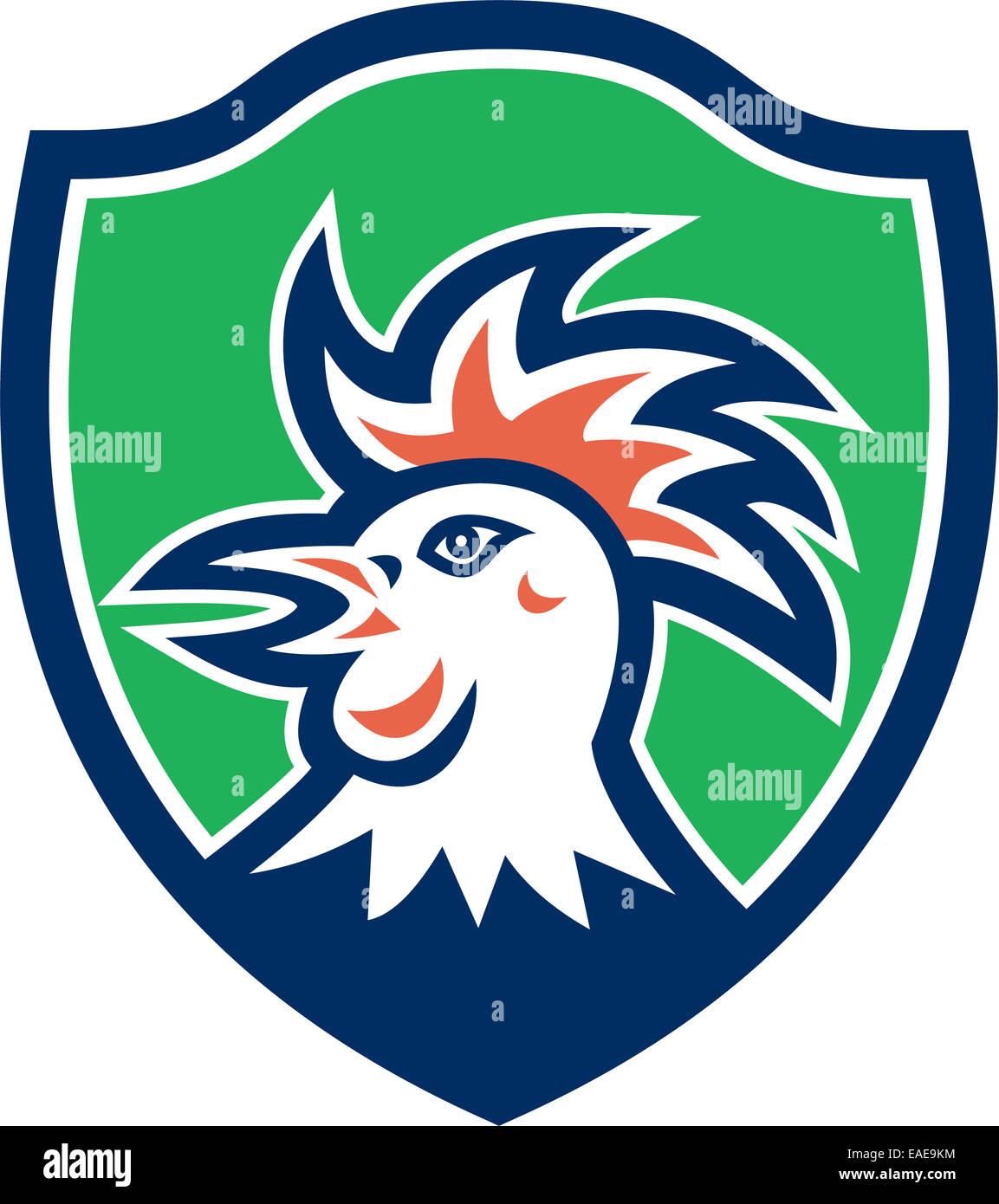 Illustration of a rooster cockerel head facing side set inside shield ...