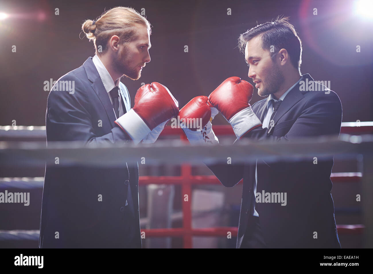Businessmen in suits and boxing gloves fighting on boxing rink Stock ...