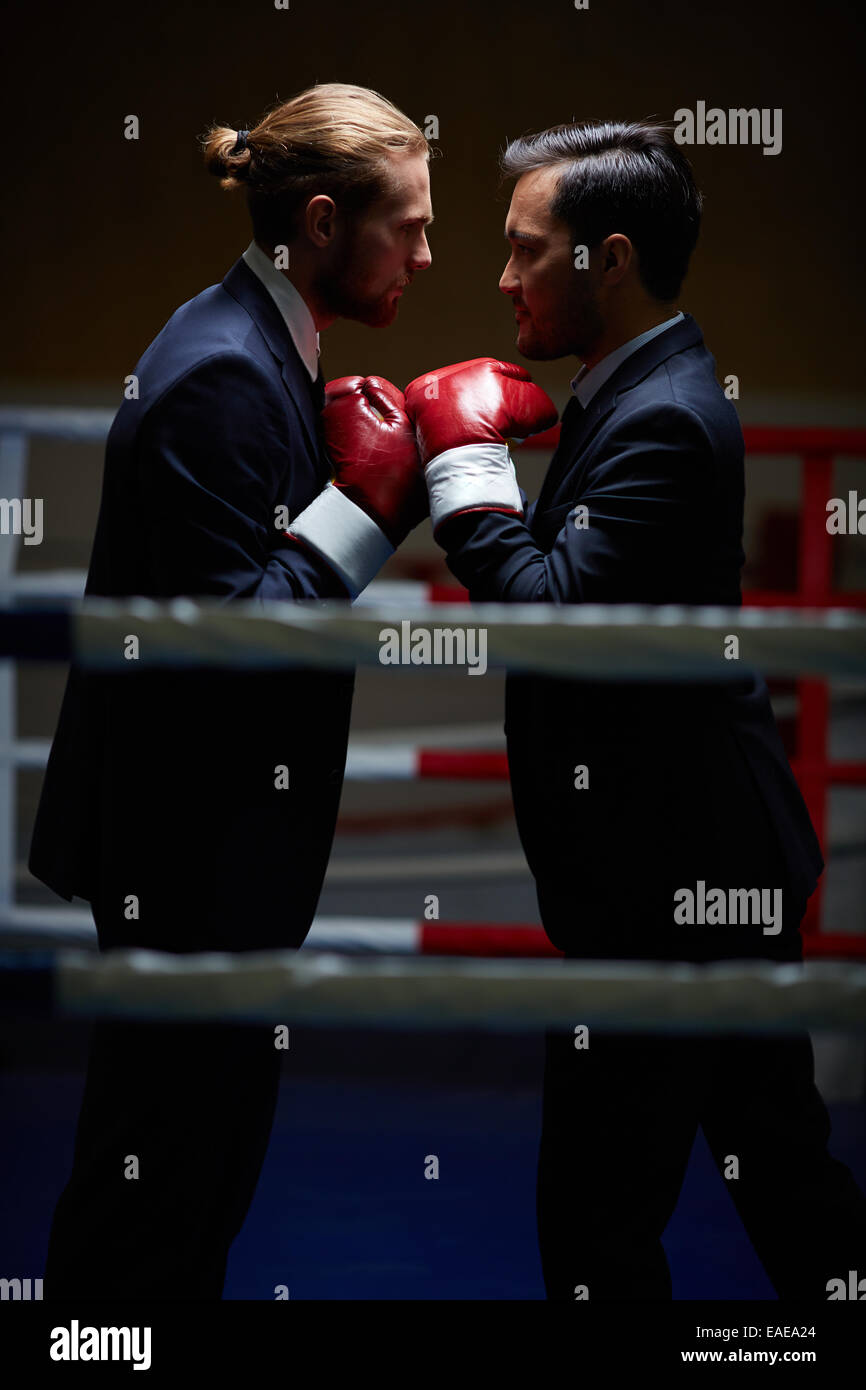 Two business partners in boxing gloves looking at one another Stock ...