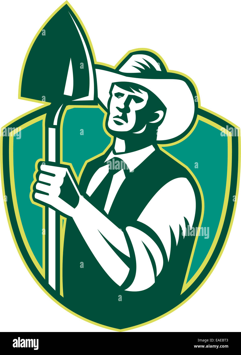 Illustration of organic farmer holding shovel set inside shield crest ...