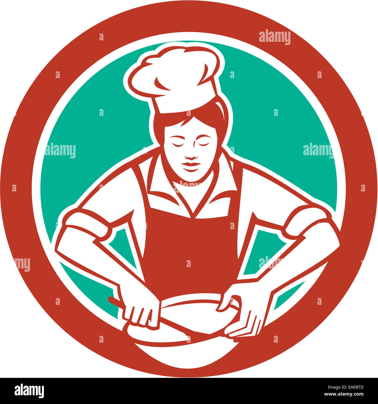 Illustration of a female chef with hat holding spatula and mixing bowl ...