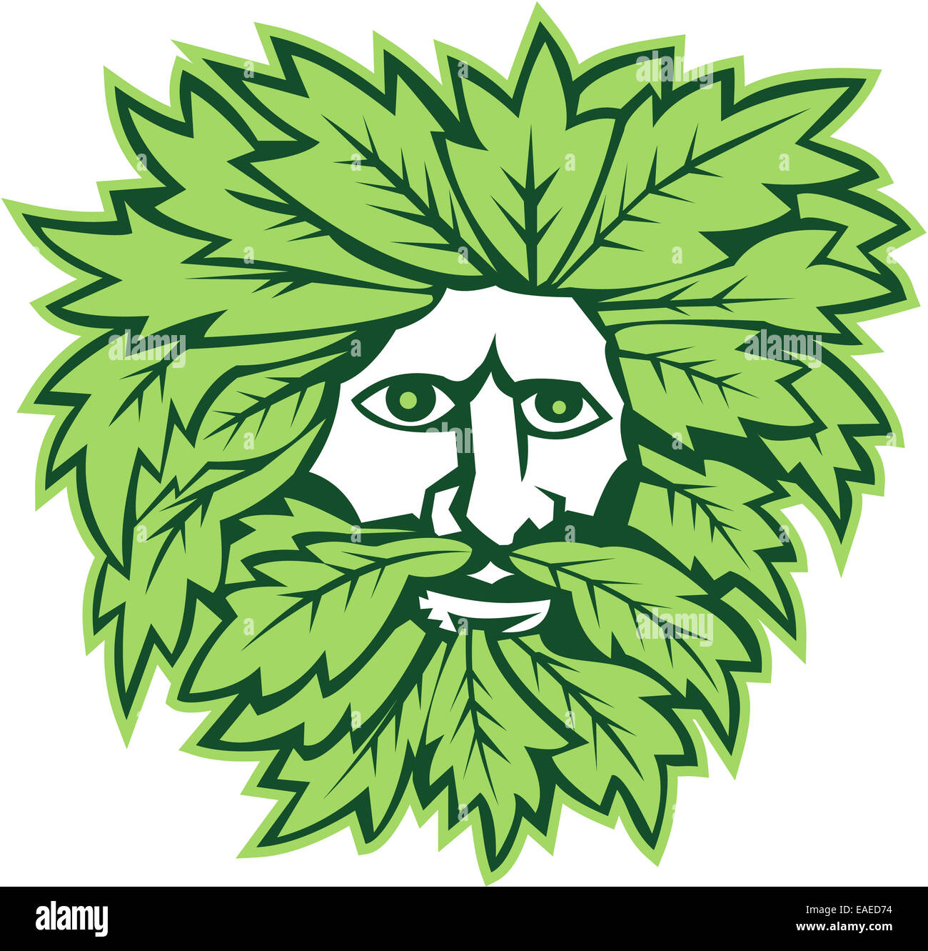 Illustration of green man with face surrounded by leaves viewed from ...