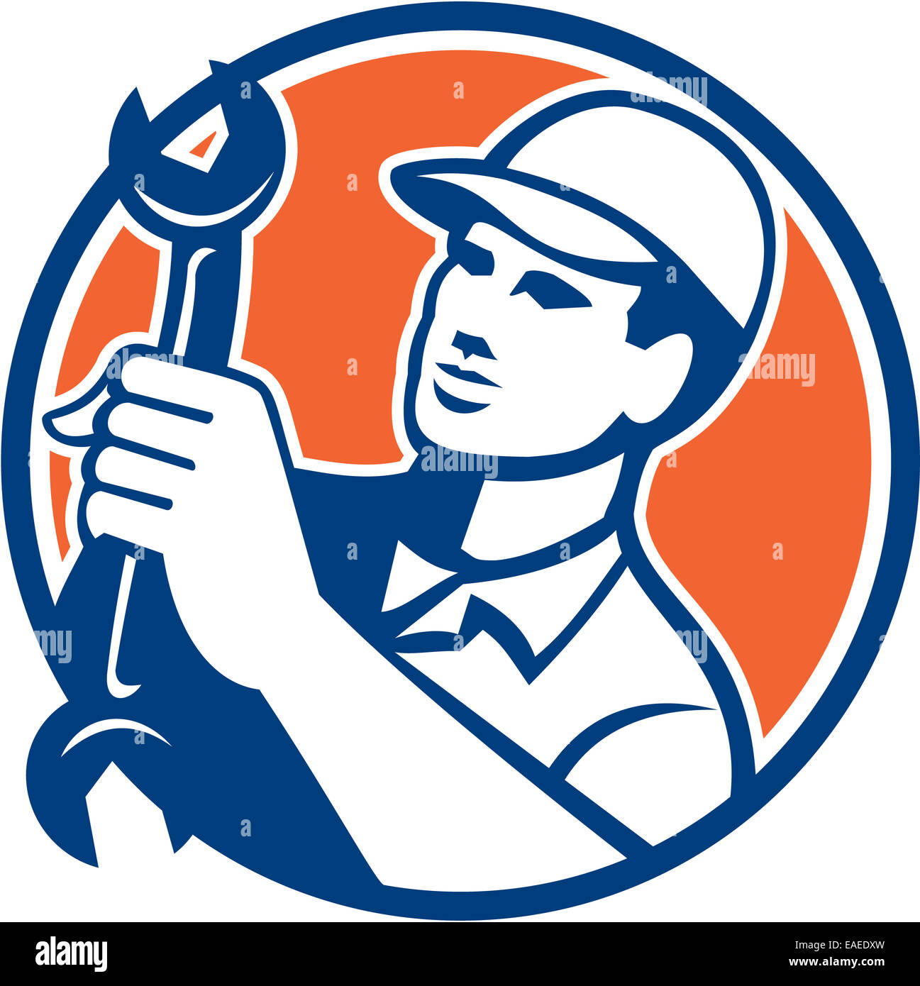 Illustration of a mechanic wearing hat holding spanner wrench looking ...