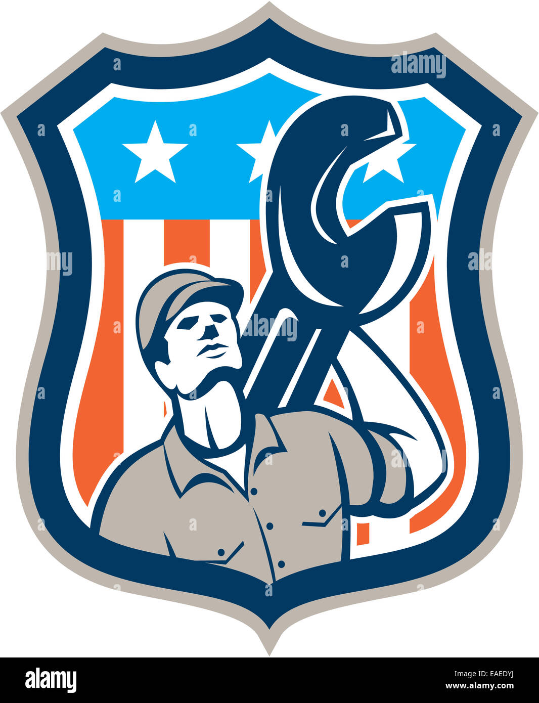 Illustration of a mechanic wearing hat holding spanner wrench on ...