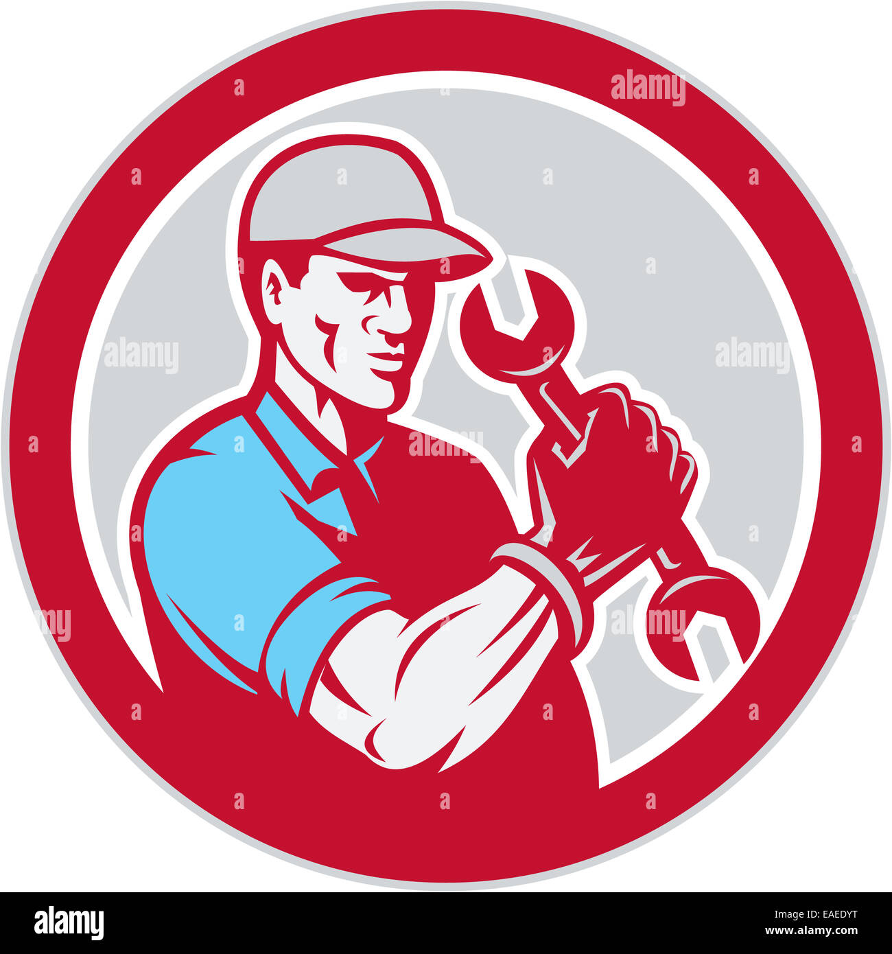 Illustration of a mechanic wearing hat holding spanner wrench looking ...