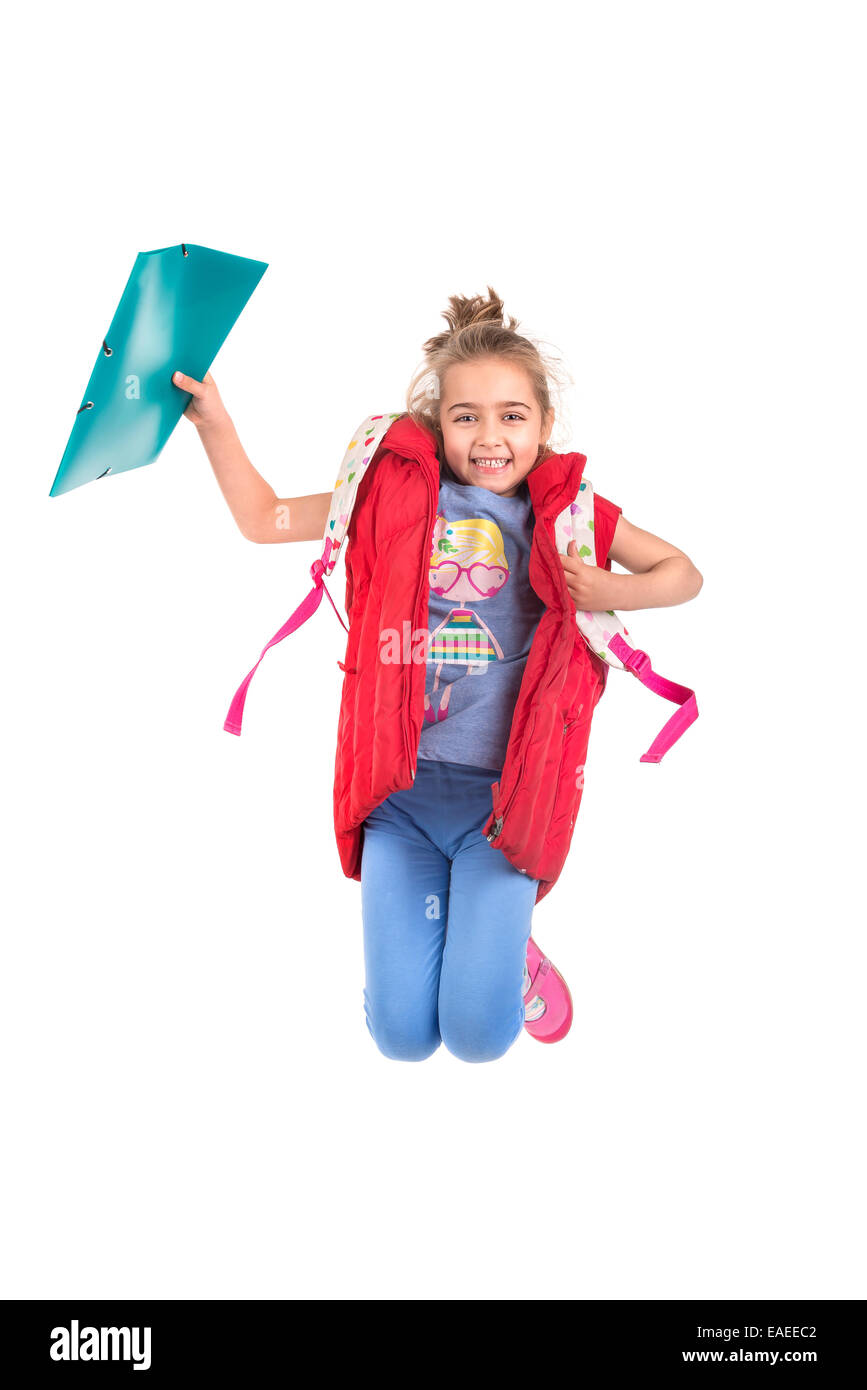 Young girl student jumping isolated in white Stock Photo - Alamy
