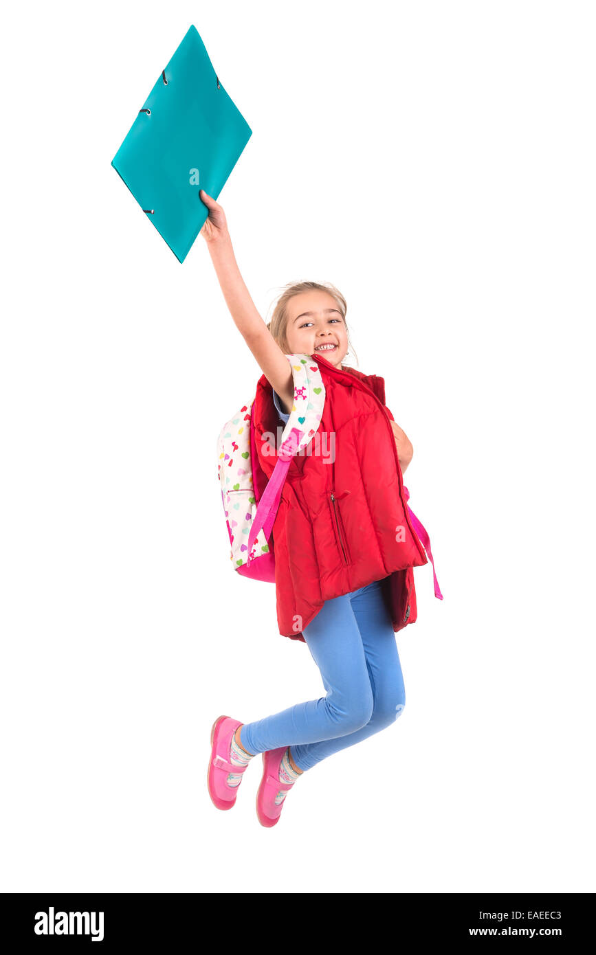 Young girl student jumping isolated in white Stock Photo - Alamy