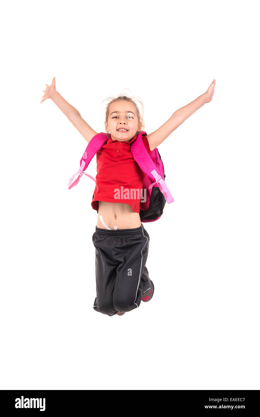 Young girl student jumping isolated in white Stock Photo - Alamy