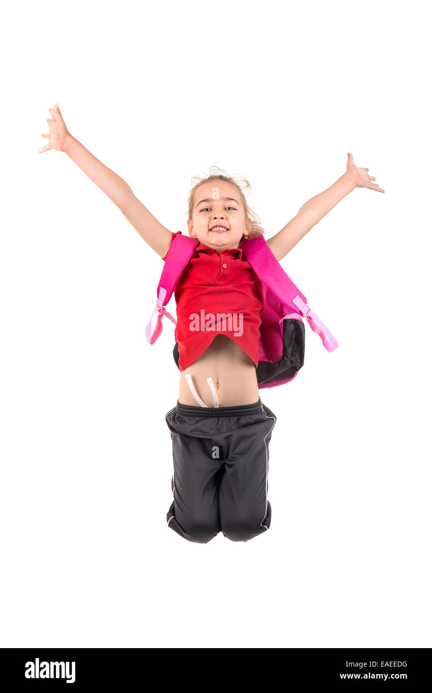 Young girl student jumping isolated in white Stock Photo - Alamy
