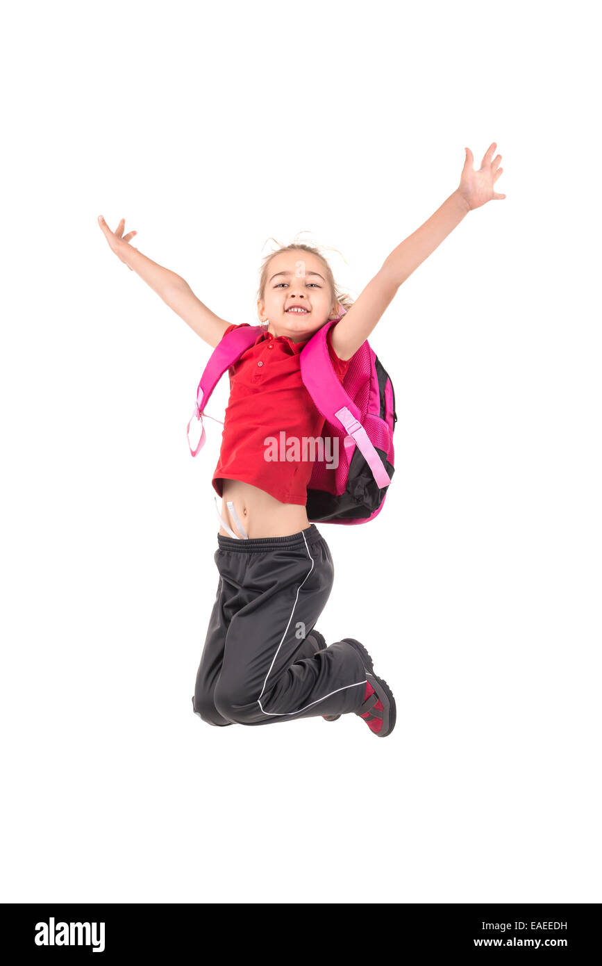 Young girl student jumping isolated in white Stock Photo - Alamy