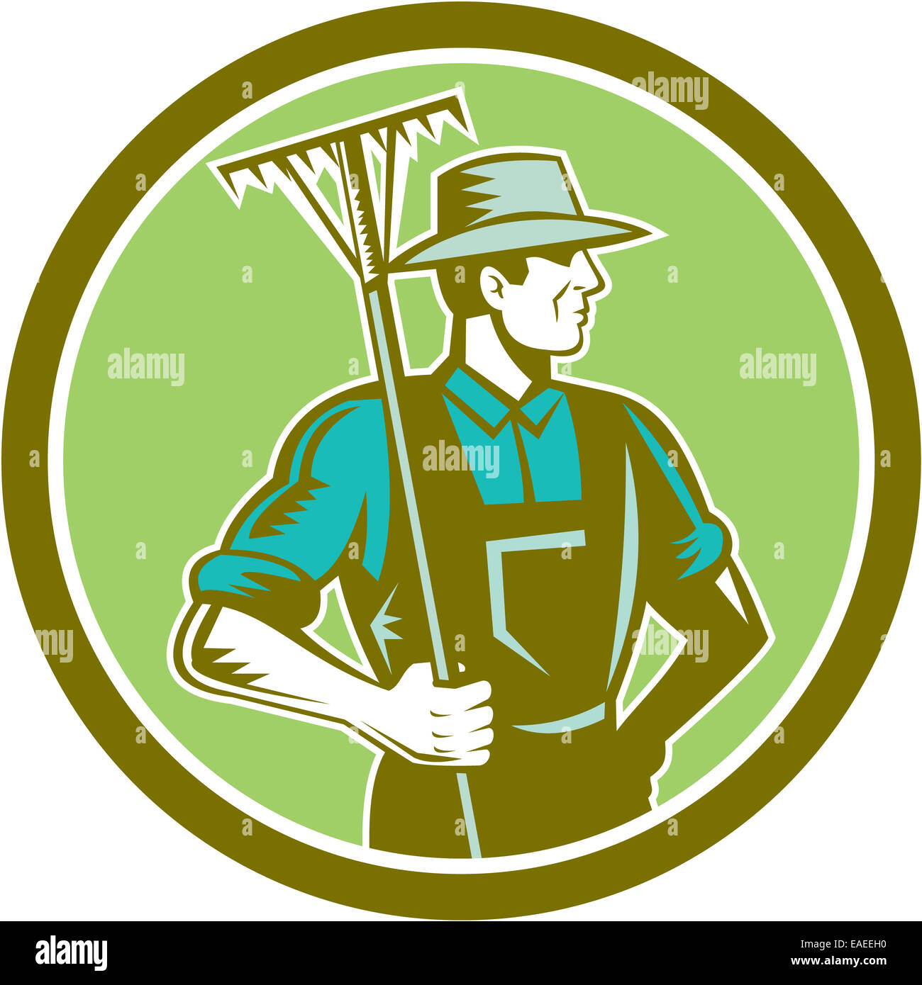 Illustration of organic farmer holding rake on shoulder facing side set ...