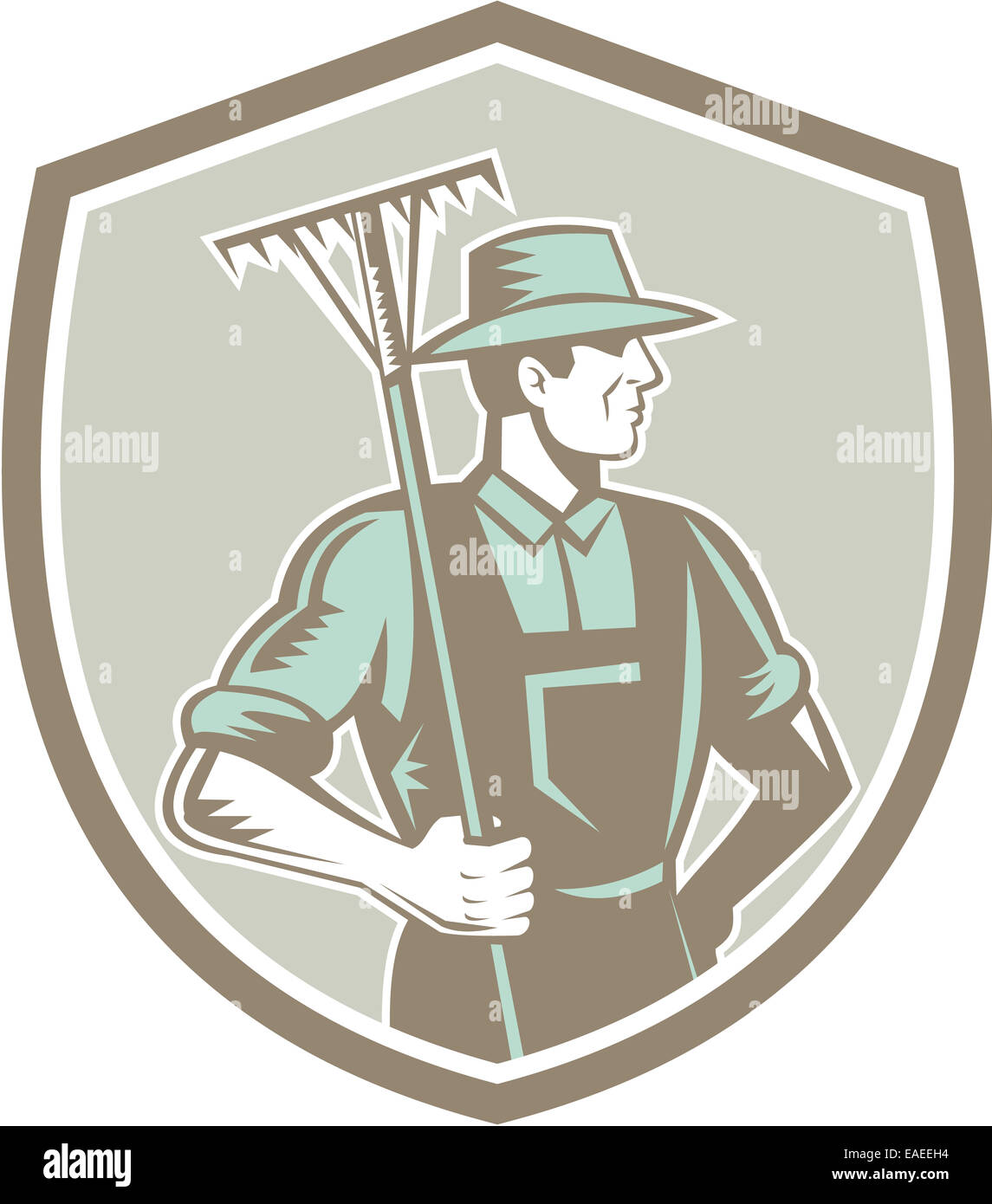 Illustration of organic farmer holding rake on shoulder facing side set ...