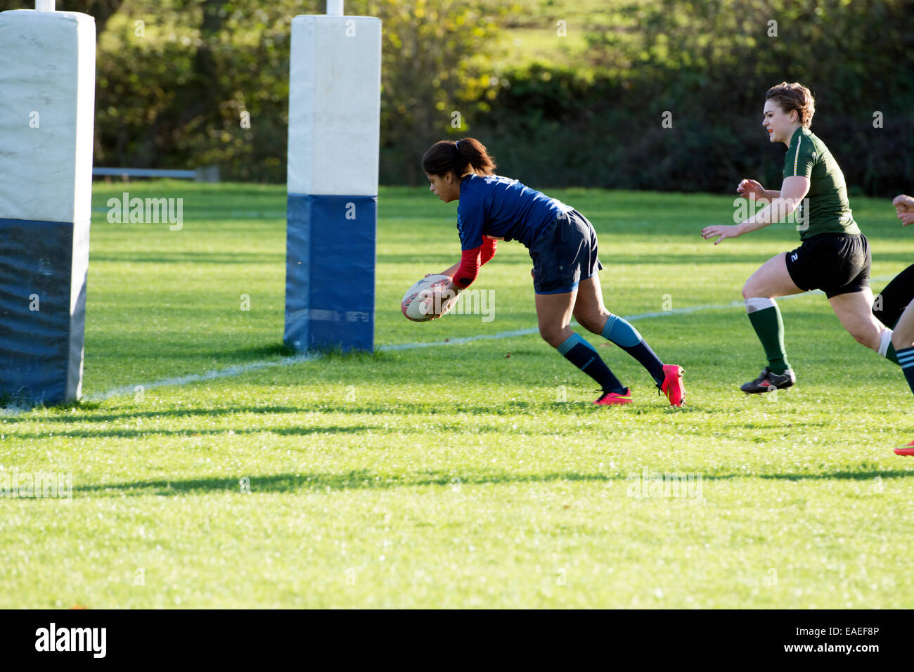 University sport UK, Women`s Rugby Union. Player scoring a try Stock ...
