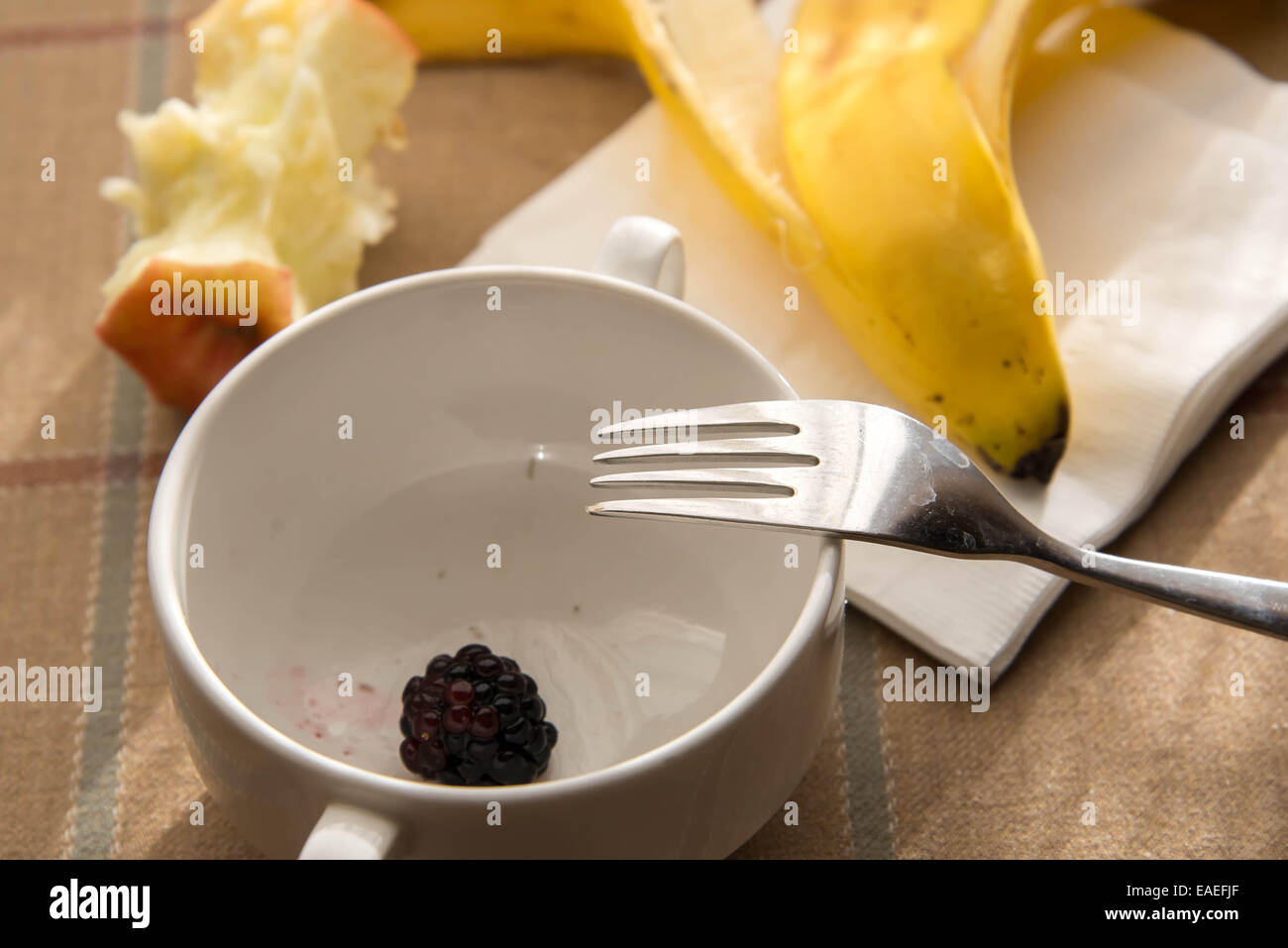 consumed breakfast - empty bowl, banana peel and apple core Stock Photo ...