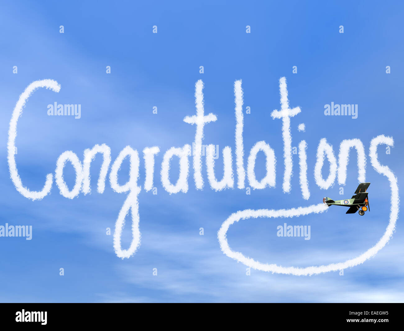Congratulations message from biplan smoke in blue sky - 3D render Stock ...