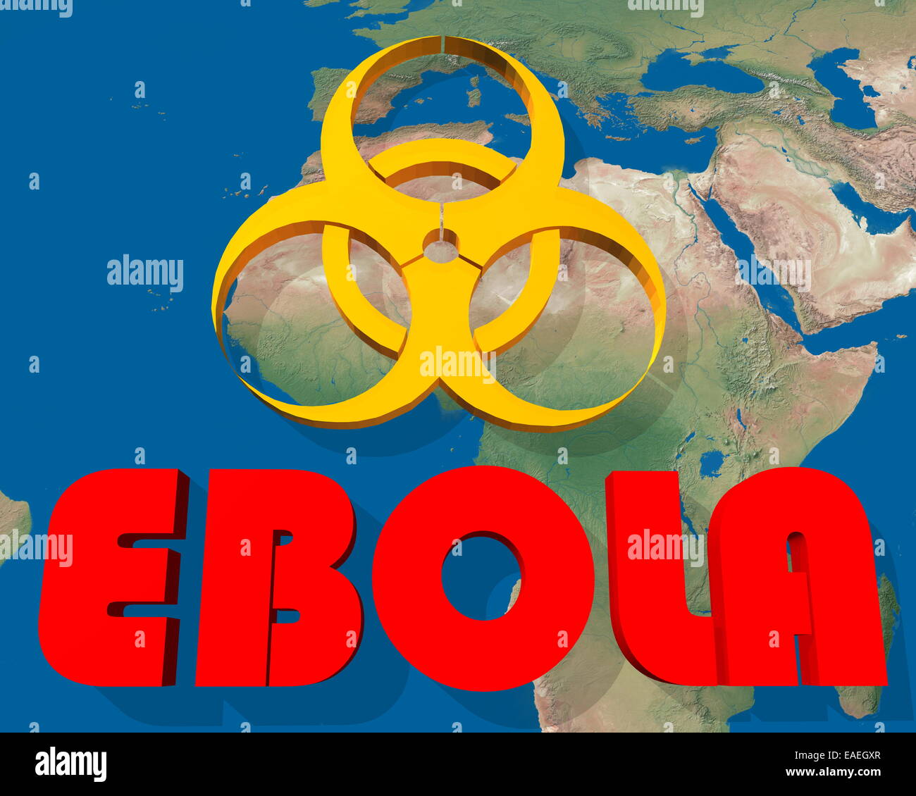 Red Ebola word under biohazard symbol upon Africa map - 3D render Stock ...