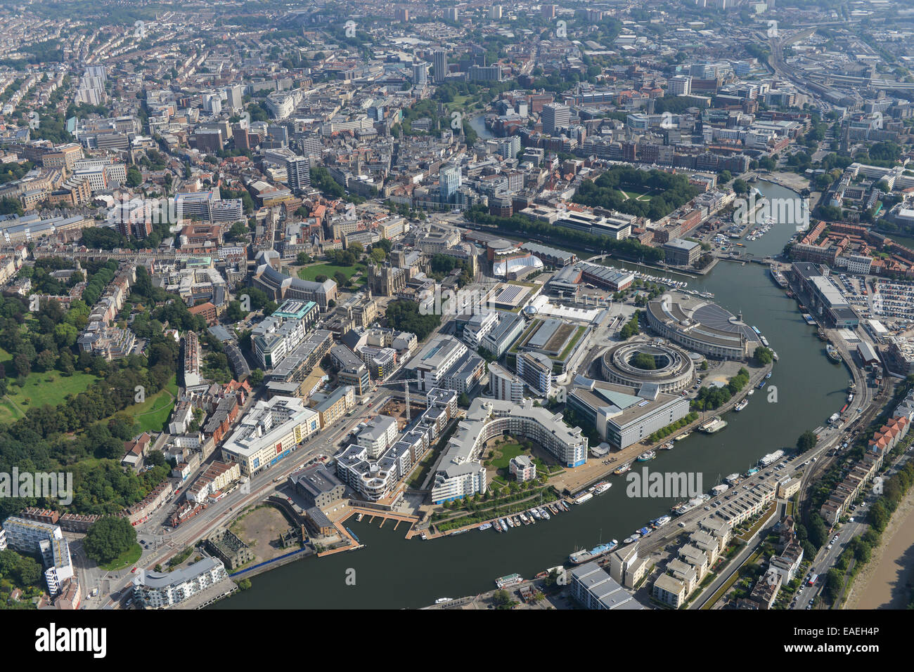 An aerial view of Bristol with the areas along the River Avon visible ...