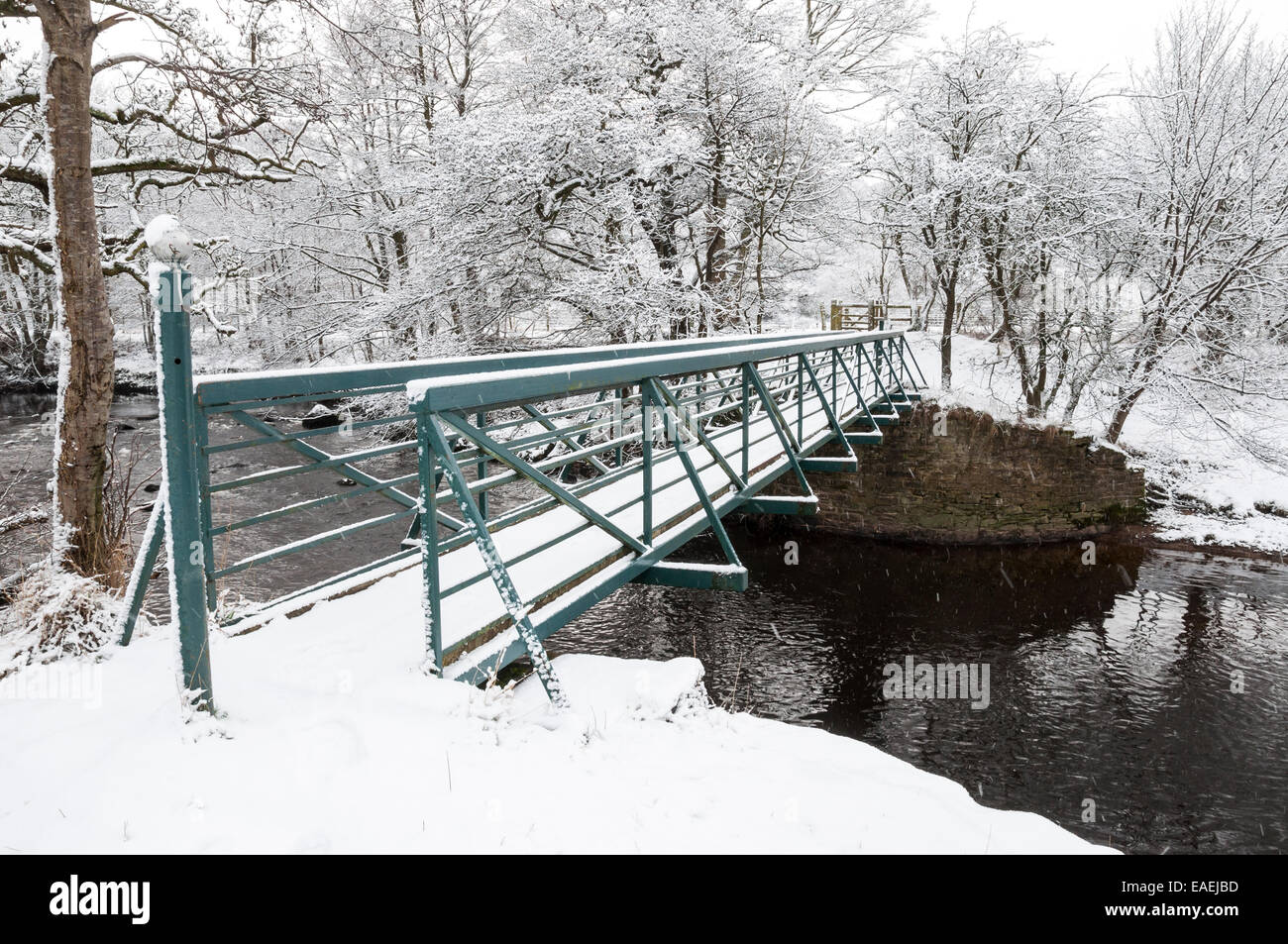 Footbridge over the river Etherow in snowy conditions. Trees covered in ...