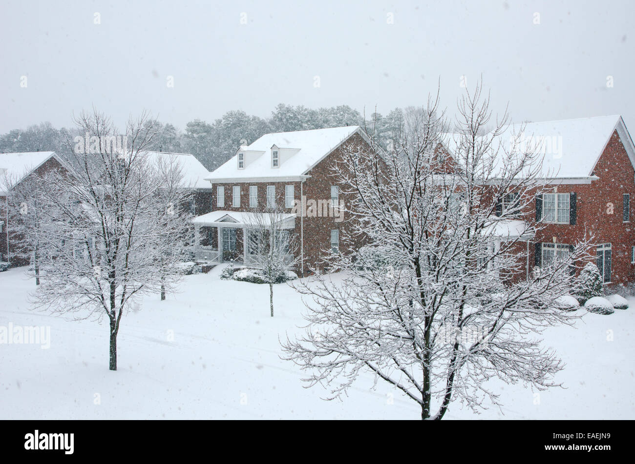 Traditional, brick homes are captured during a snow storm in this ...