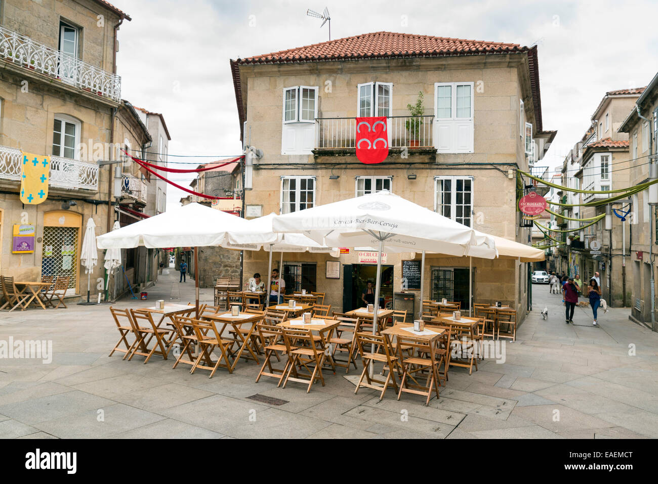 PONTEVEDRA, SPAIN - SEPTEMBER 4, 2014: A typical medieval city corner ...
