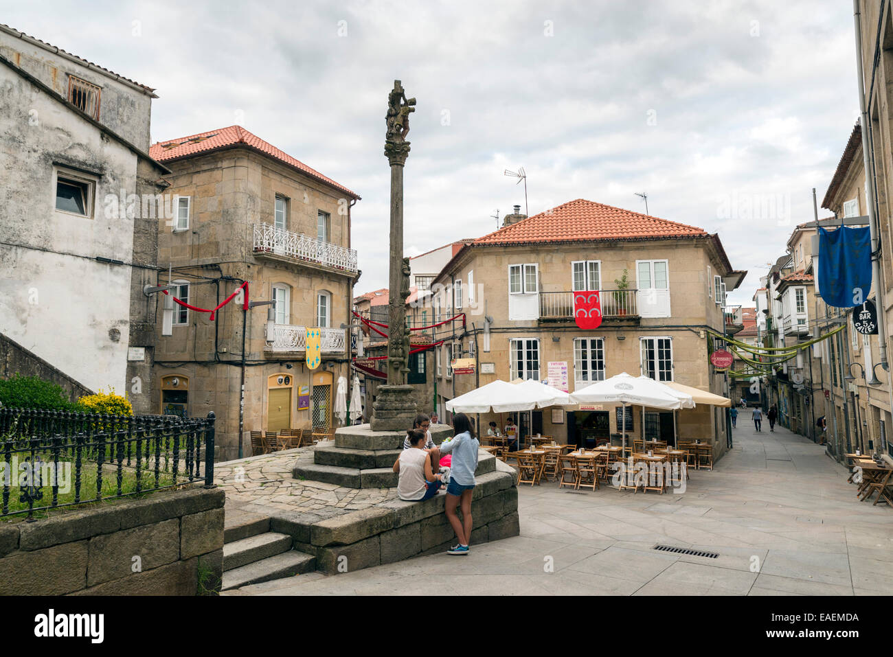 PONTEVEDRA, SPAIN - SEPTEMBER 4, 2014: A typical medieval city corner ...
