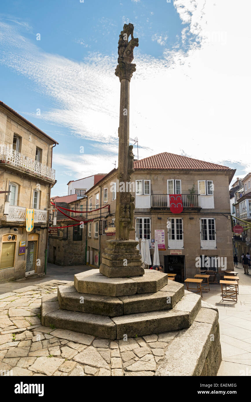 PONTEVEDRA, SPAIN - SEPTEMBER 5, 2014: A typical medieval city corner ...