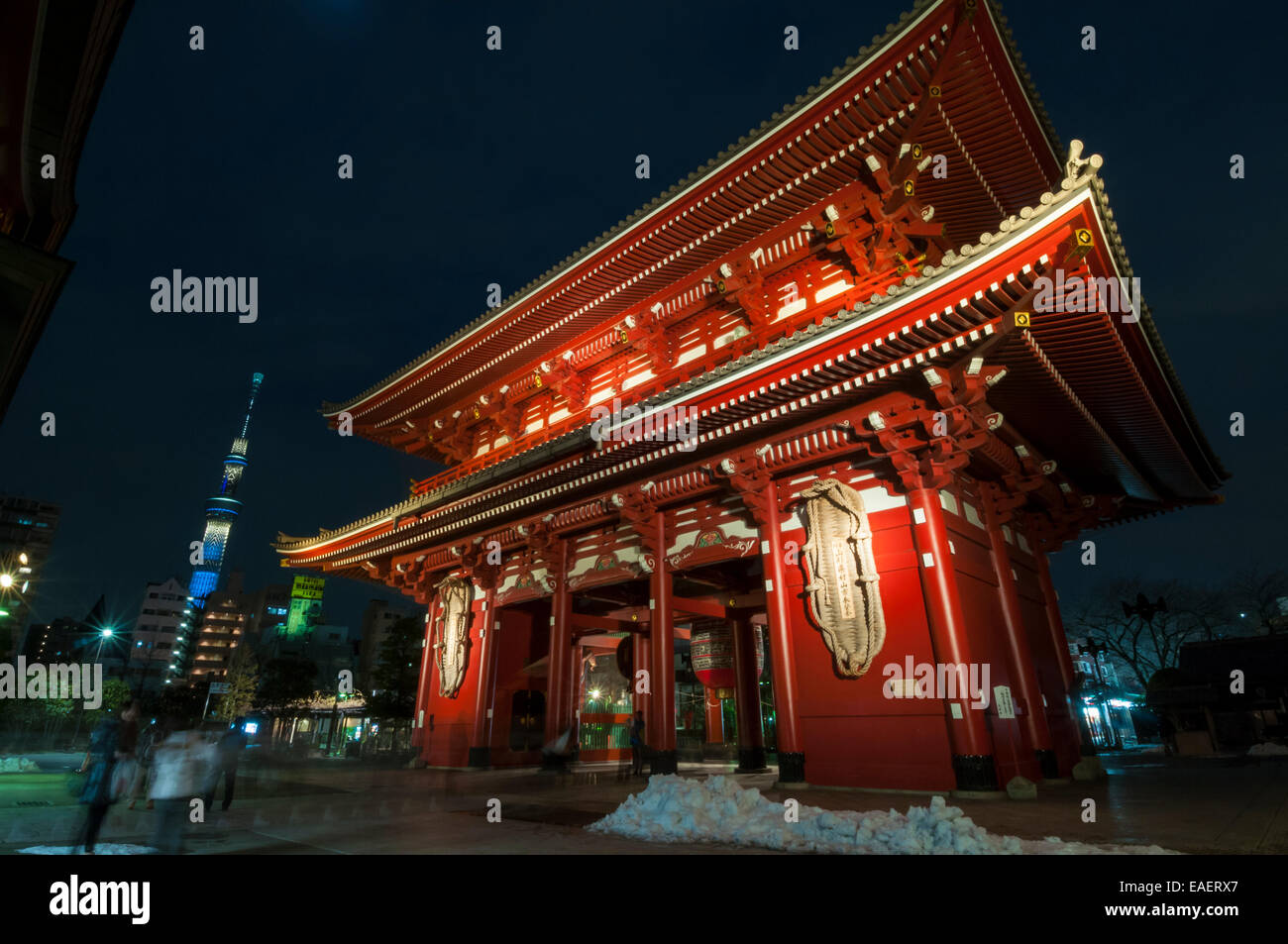 Senso-ji, Buddhist temple, Hozomon Gate and Tokyo Sky Tree Tower at night, Asakusa, Tokyo, Japan ...