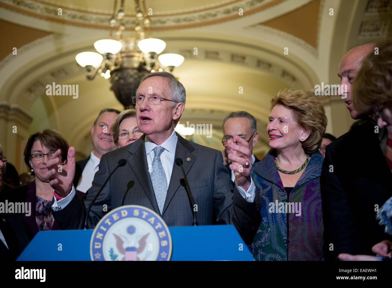 US Senate Majority Leader Senator Harry Reid speaks to members of the ...