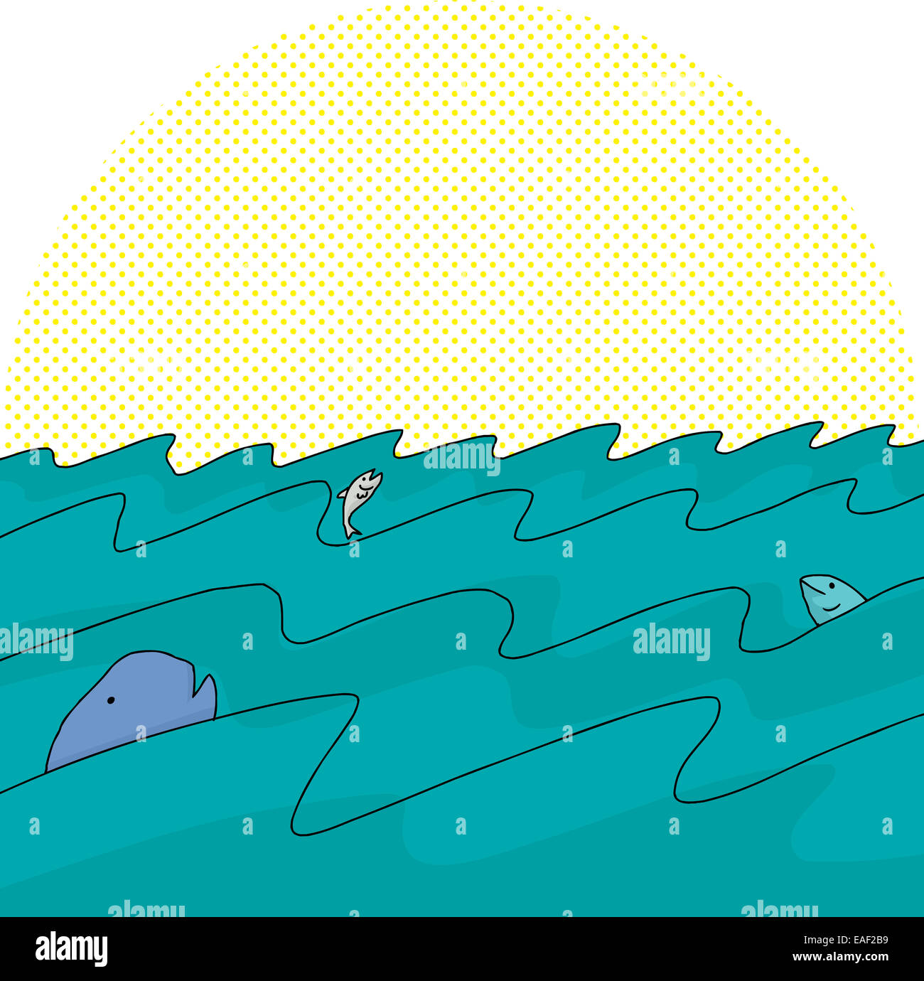 Cartoon fish in ocean waves with halftone sun Stock Photo - Alamy