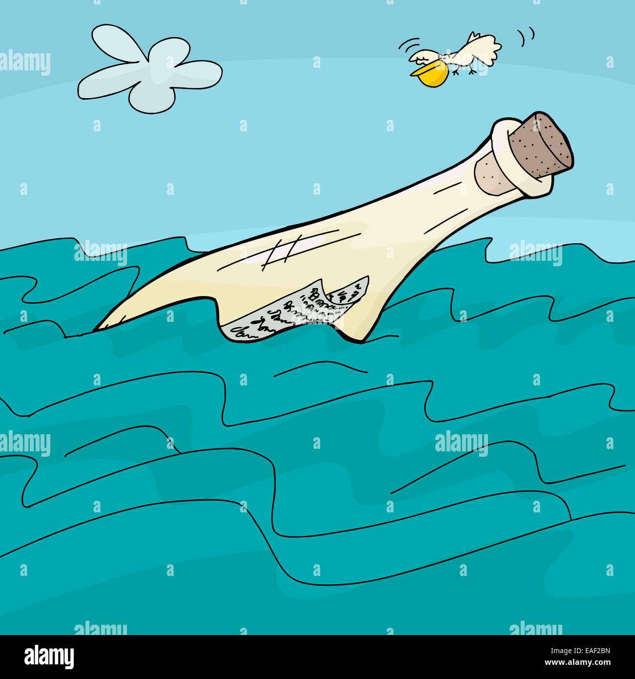 Cartoon message in a bottle floating on waves Stock Photo - Alamy