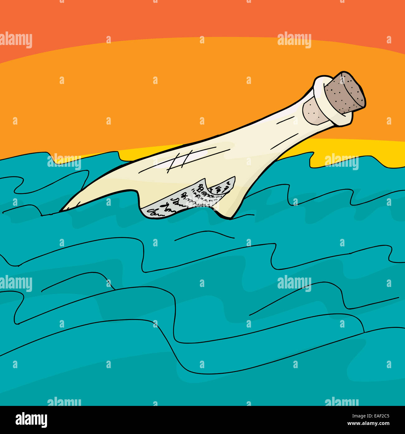 Hand drawn message in a bottle floating in ocean Stock Photo - Alamy