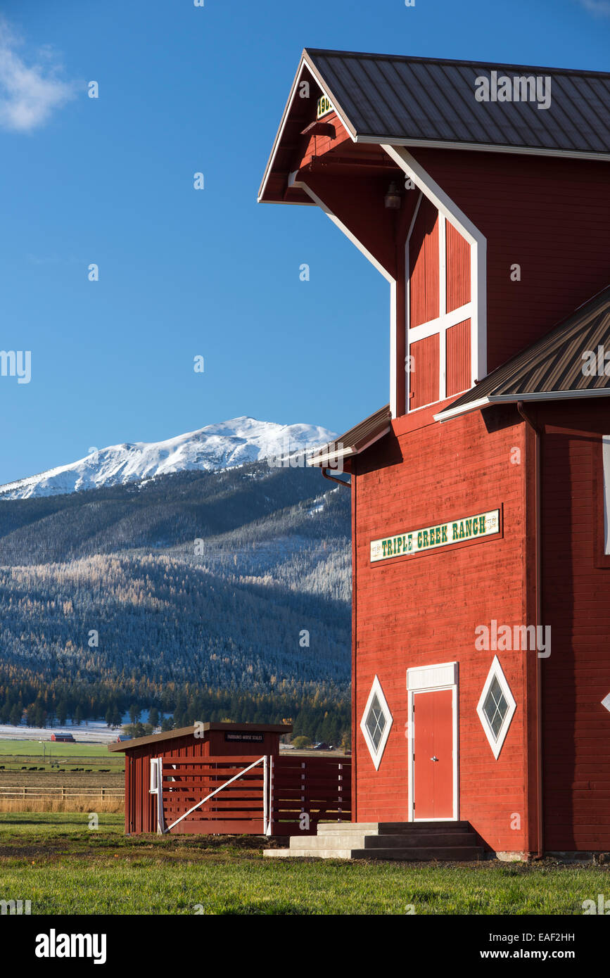 Barn on a ranch in Oregon's Wallowa Valley with fresh snow on the ...