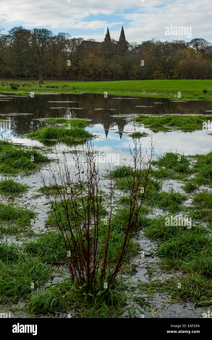 St Machar Cathedral reflected in flood water in Seaton park, Aberdeen ...