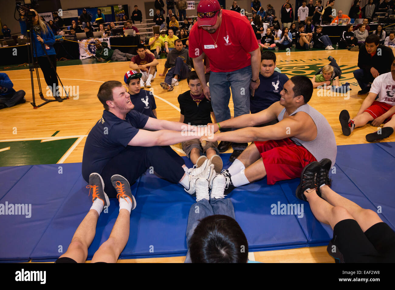 Athletes in Boy's Eskimo Stick Pull, 2013 Native Youth Olympics, Dena ...