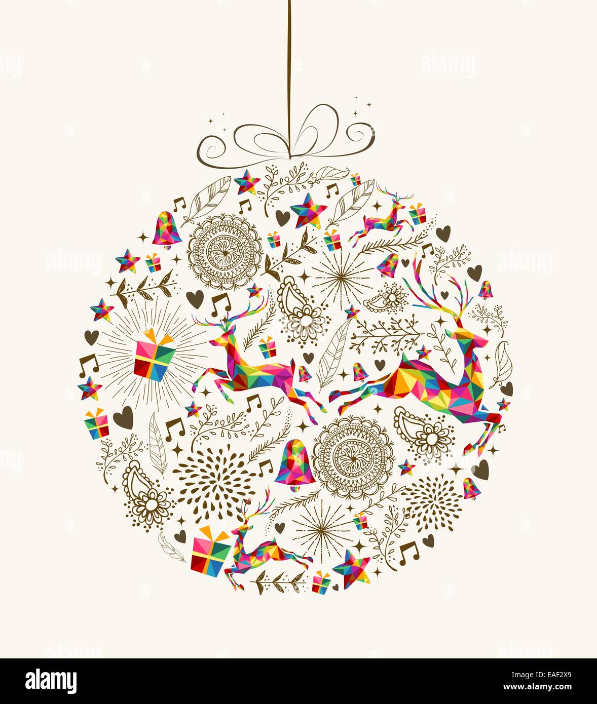 Vintage Christmas bauble shape with colorful reindeer and retro ...