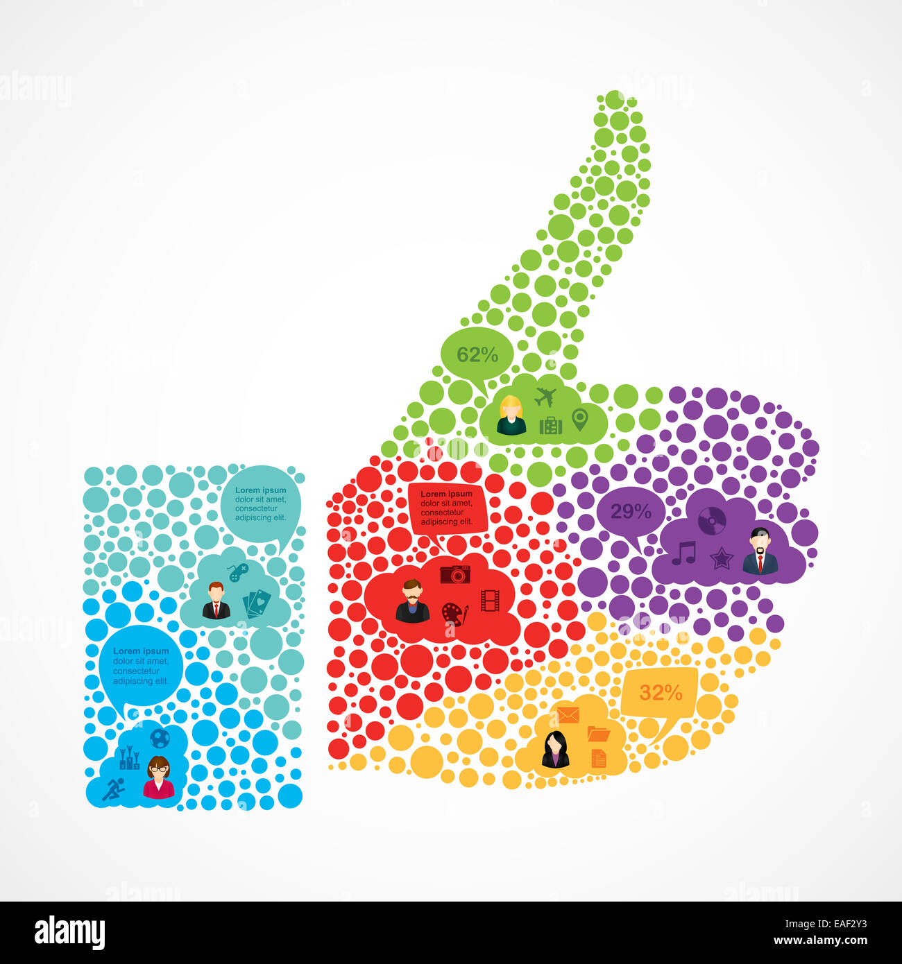 Colorful Social media team work user infographic on thumb up shape ...