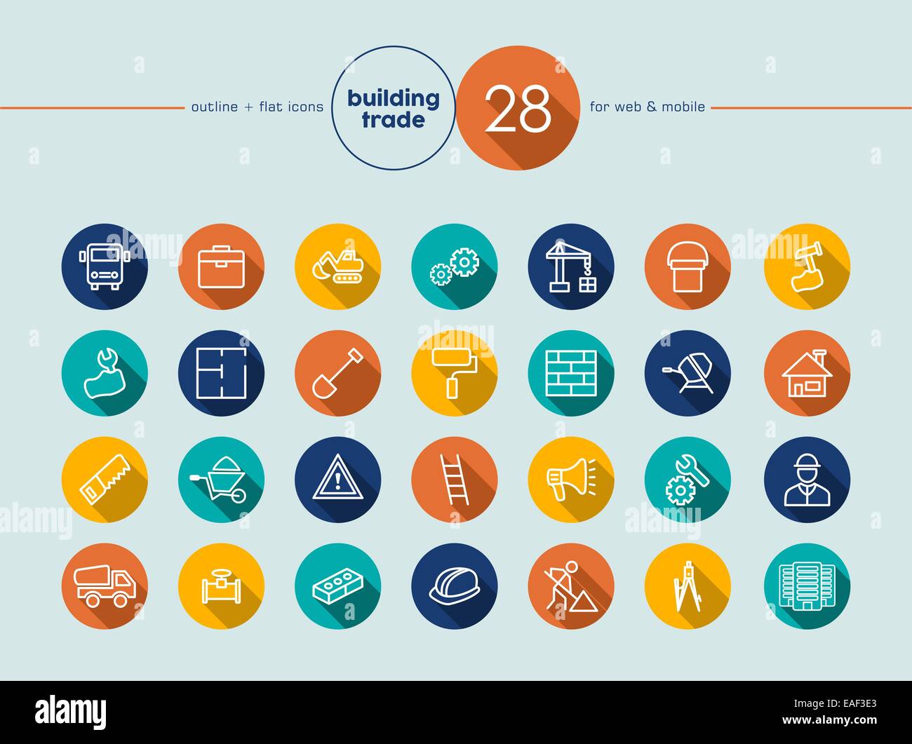 Building trade and construction colorful flat icons set for web and ...