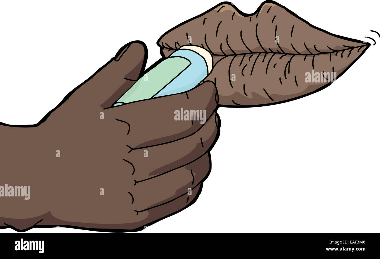 Human hand applying lip balm on dry lips Stock Photo - Alamy