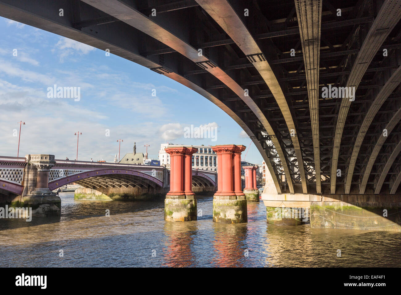 Blackfriars Bridge and underside of Blackfriars Railway Bridge, River ...