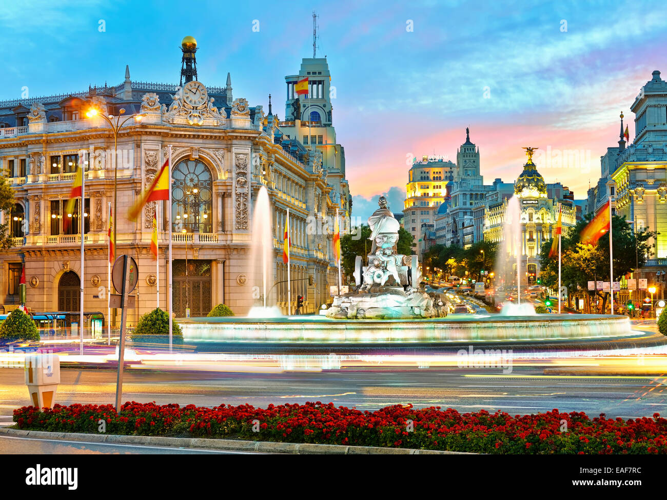 Plaza de Cibeles square with the Bank of Spain at the left, rear view ...