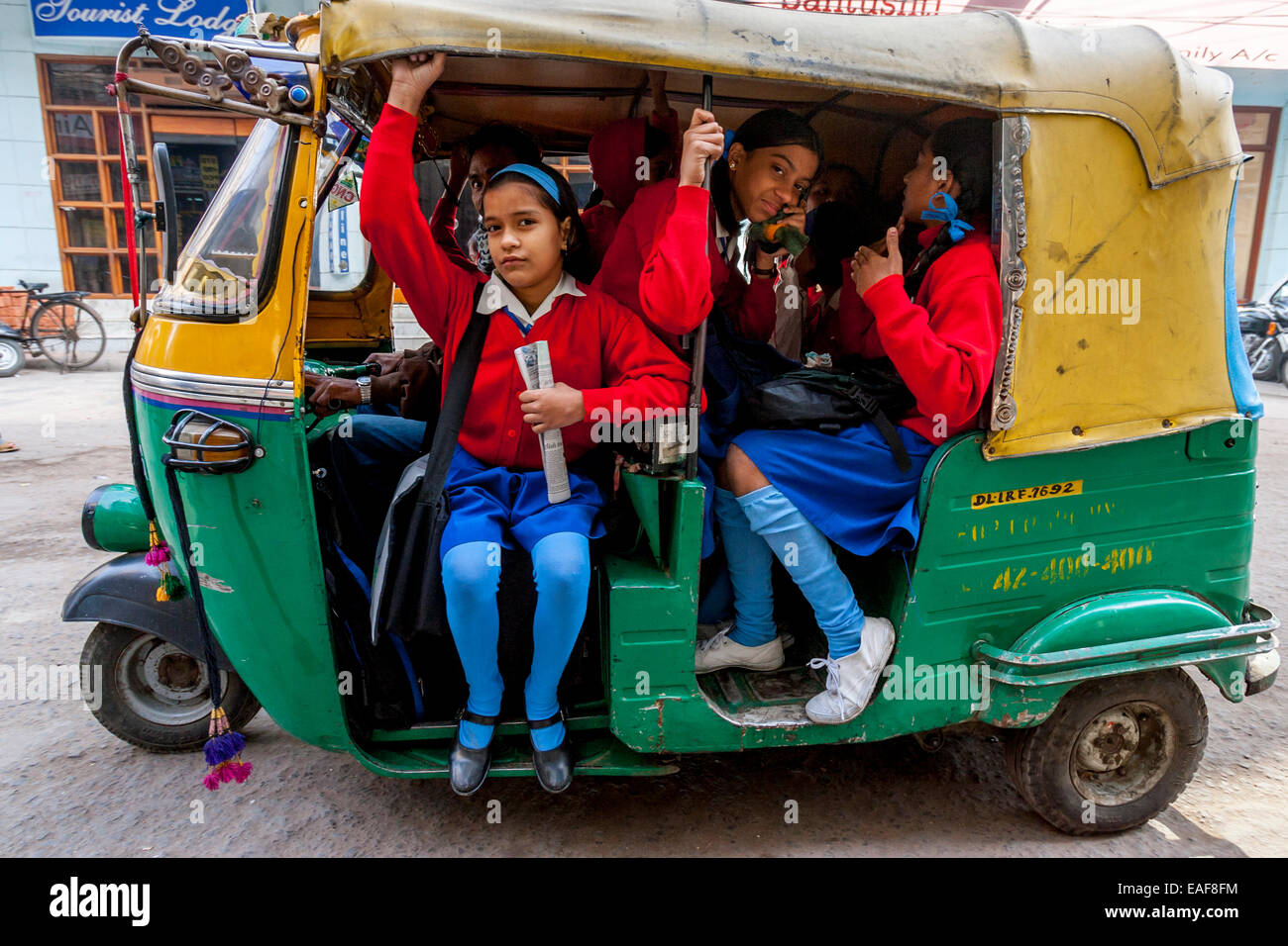 School Girls Being Taken To School By Auto Rickshaw Taxi, New Delhi ...