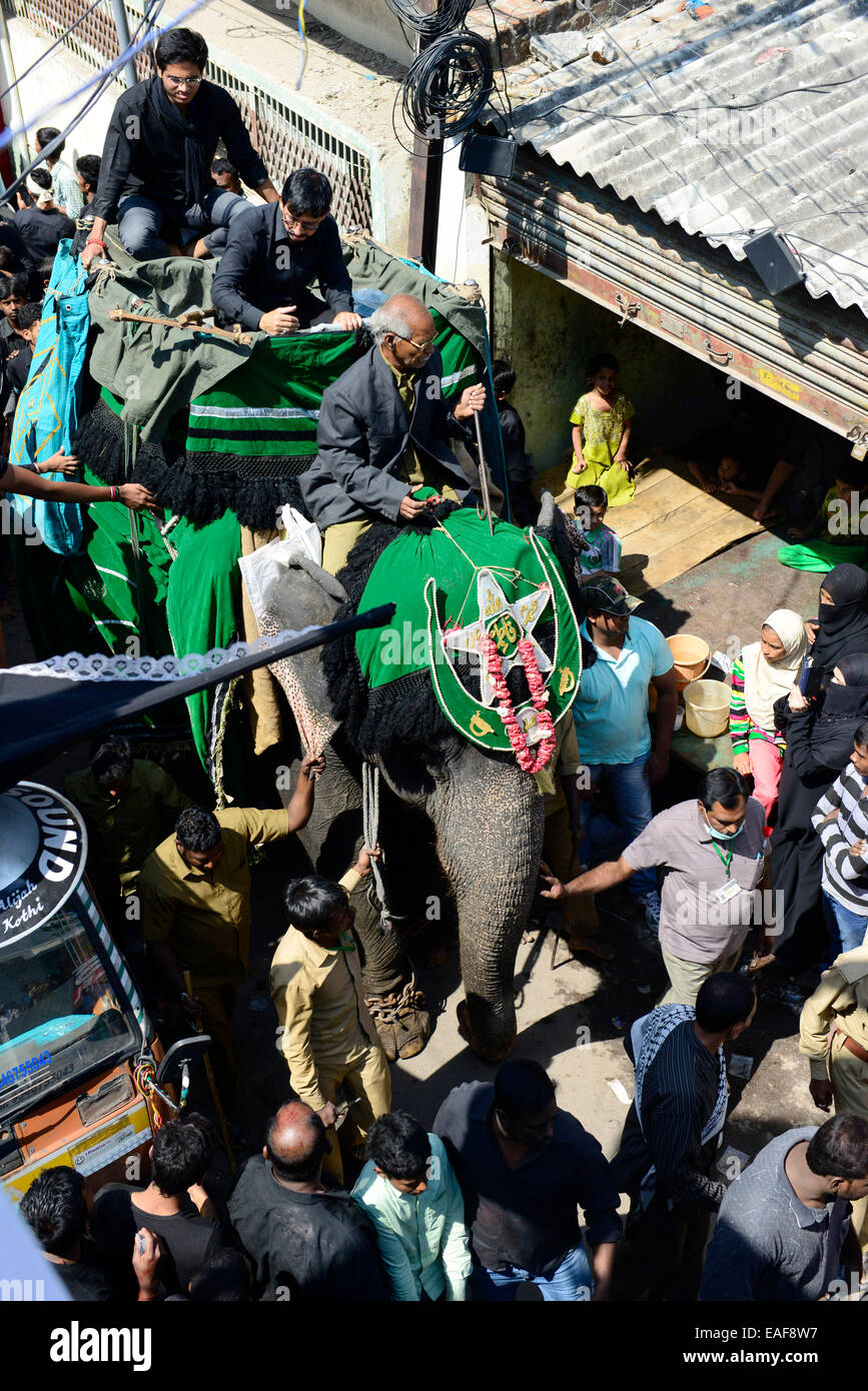 Elephant leading the Ashura procession in Hyderabad. The procession ...