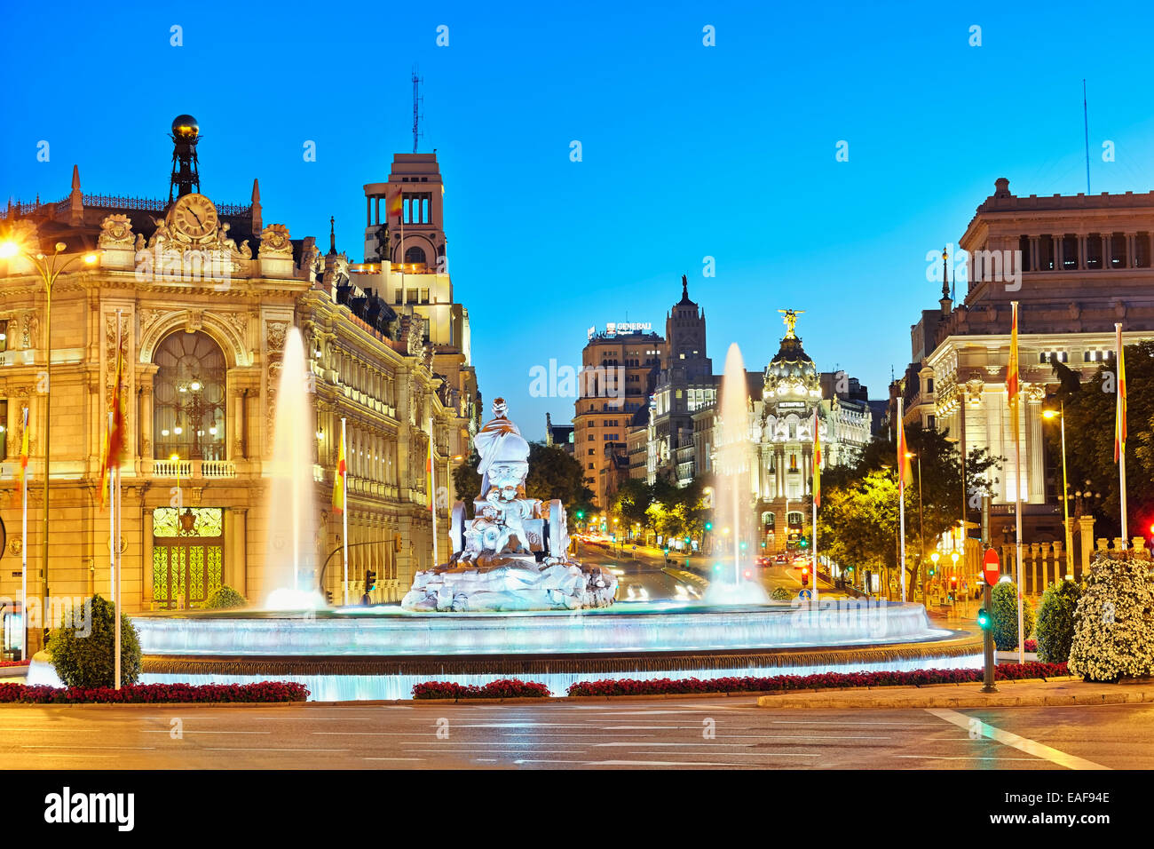 Plaza de Cibeles square with the Bank of Spain at the left, a rear view ...