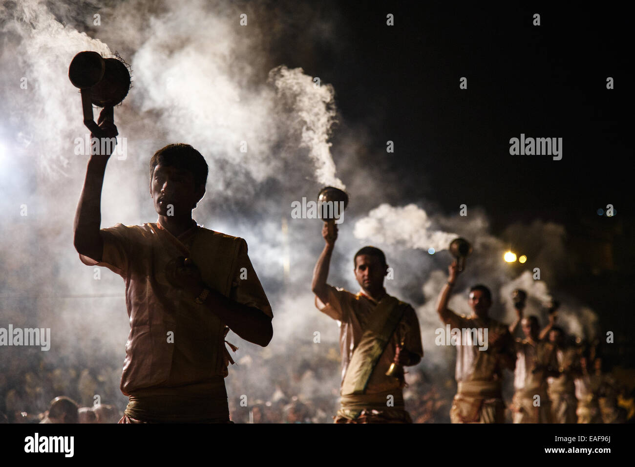 An evening Ganga Aarti Hindu religion ceremony on the Ganges in ...