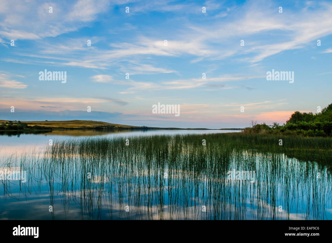 Scenic summer views of a prairie lake at sunset and sunrise, Police ...
